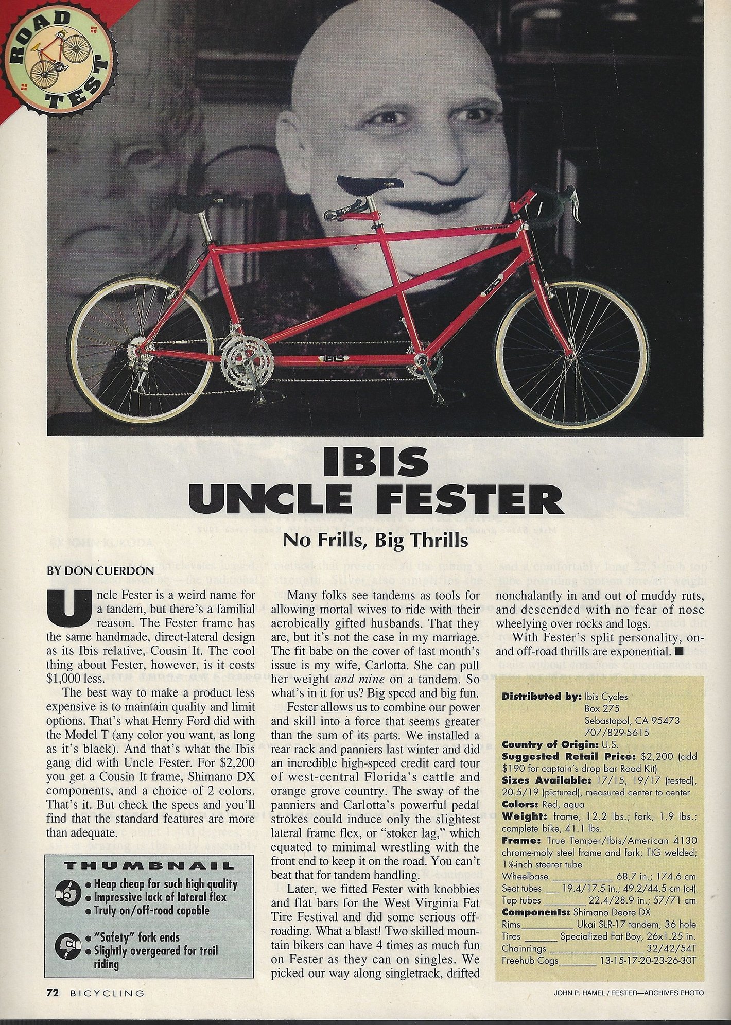 Bike Forums - Road Test/Bike Review (1992) IBIS Uncle Fester (tandem)