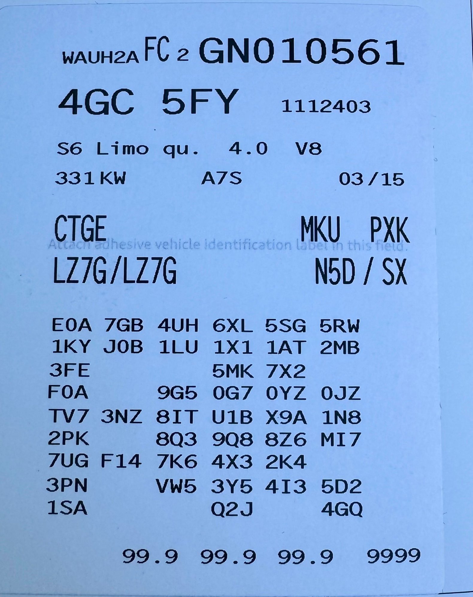 What type of transmission in 2016 S6 PDK is the sticker code in the ...