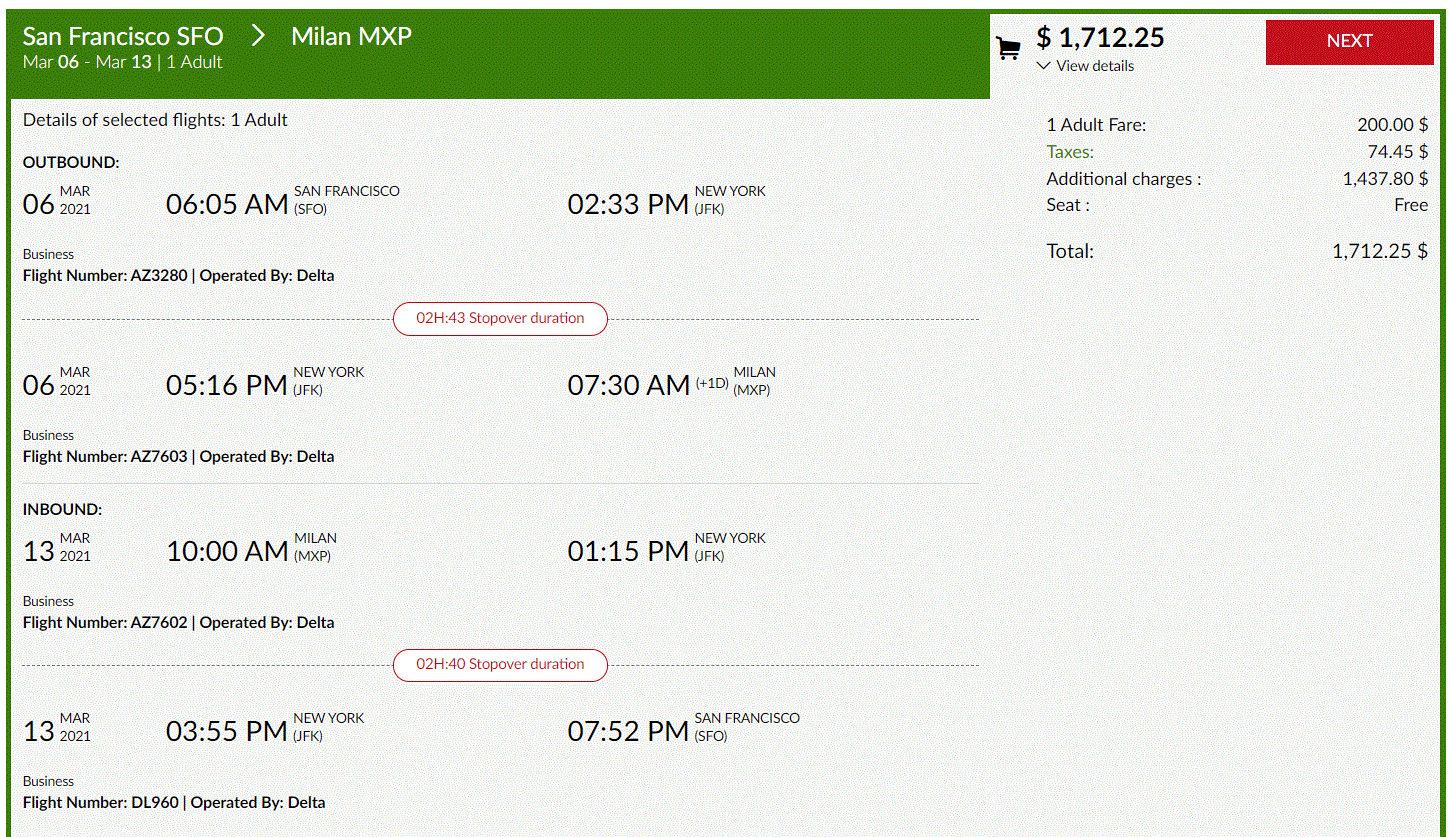 AZ/SkyTeam: SFO-Italy (Various) $1,713 - $1,750 RT in J - FlyerTalk Forums