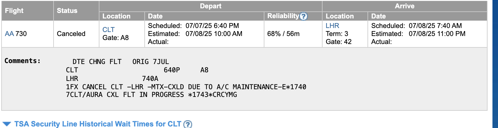 AA730 Cancelled last night Charlotte to Heathrow? Anyone know why ...