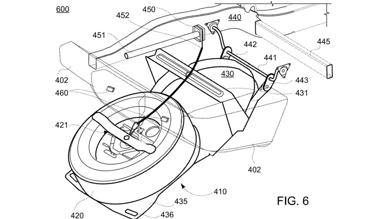 Rivian patents underbed drop-down storage tray